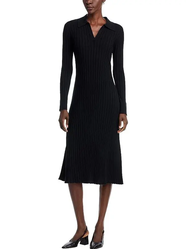 SINGLE THREAD Collared Ribbed Midi Sweater Dress - Black