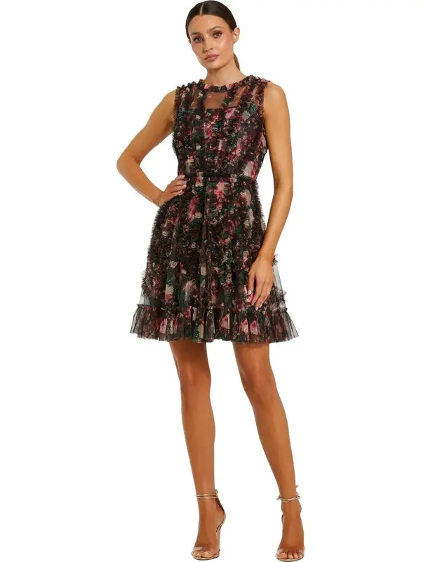 Mac Duggal Floral A-line Mini Dress With Ruffle Detailing - Black