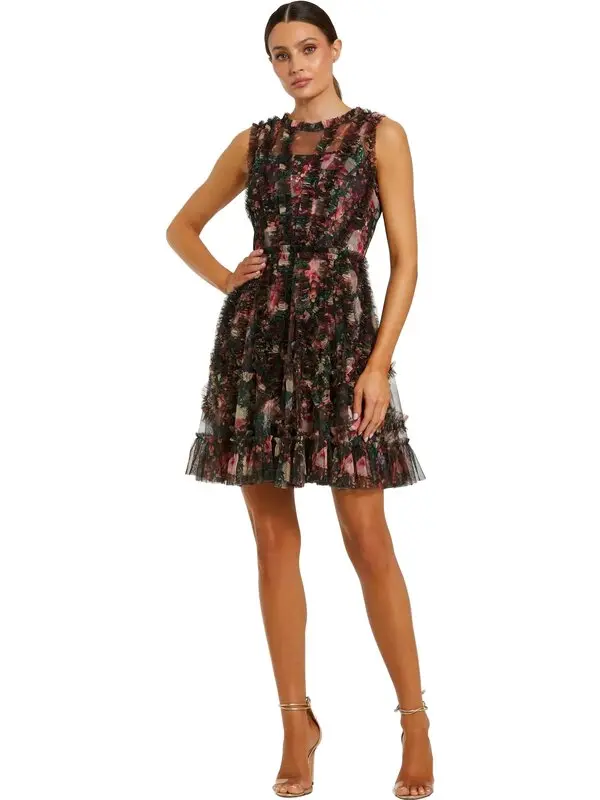 Mac Duggal Floral A-line Mini Dress With Ruffle Detailing - Black