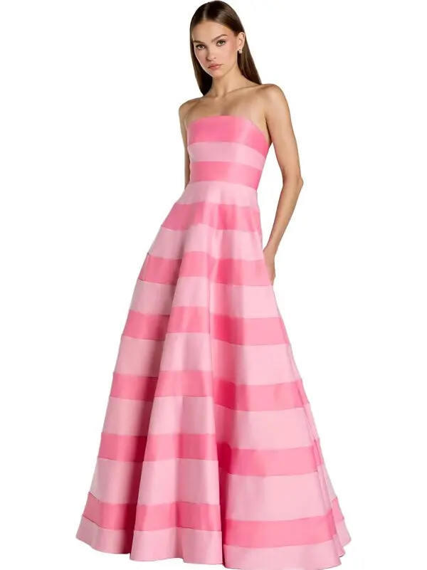 Mac Duggal Striped Strapless Satin Ballgown With Pockets - Pink Multi