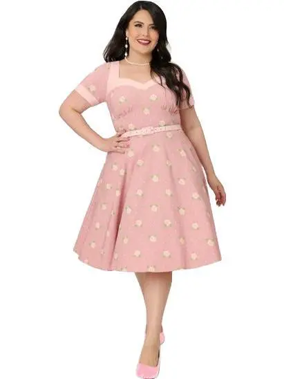 Unique Vintage 1950s Sweetheart Neckline Swing Dress - Light Pink Roses Print