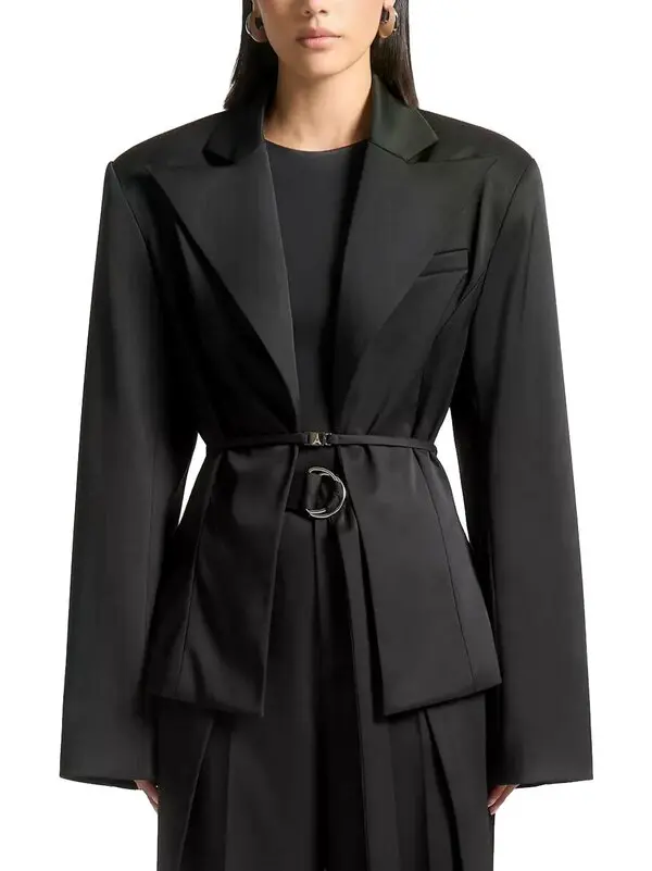 Manière De Voir Wide-shoulder Belted Sateen Blazer - Black