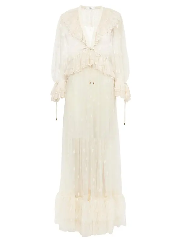 Chloé Gathered V-neck Maxi Dress In Embroidered Lace - Dusty White