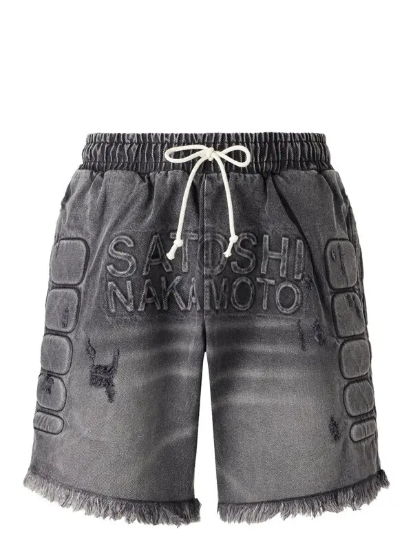 SATOSHI NAKAMOTO Straight-leg Fringed Padded Denim Shorts - Black