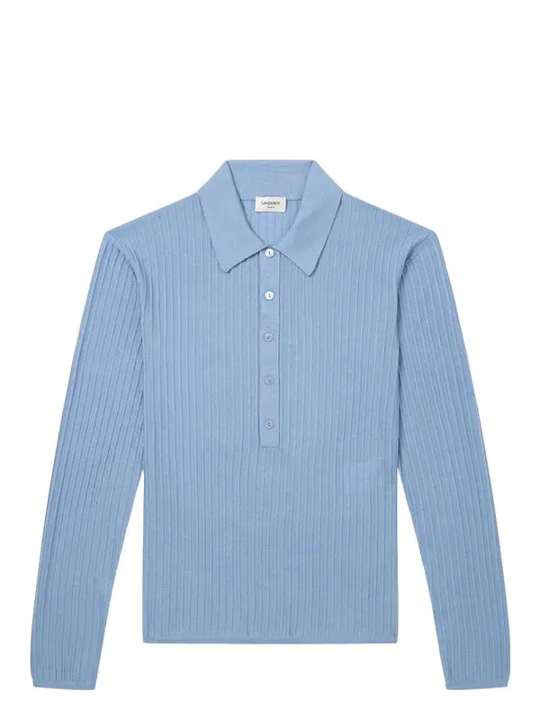 Saint Laurent Slim-fit Ribbed Wool, Cashmere And Silk-blend Polo Shirt - Blue