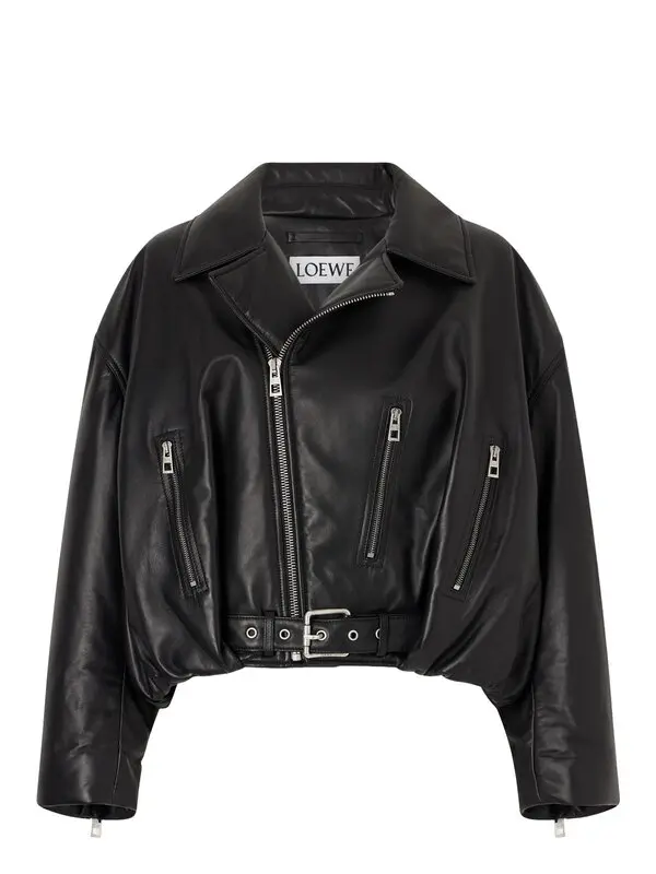 Loewe Cropped Buckled Leather Biker Jacket - Black
