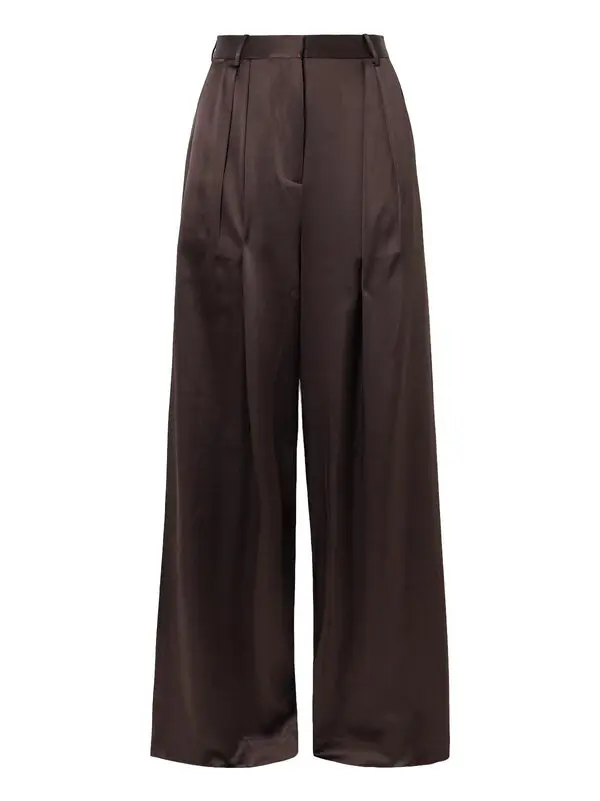 Eterne Josephine Pleated Stretch-silk Satin Straight-leg Pants - Brown