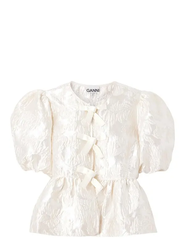 GANNI Bow-detailed Cloqué Peplum Blouse - White