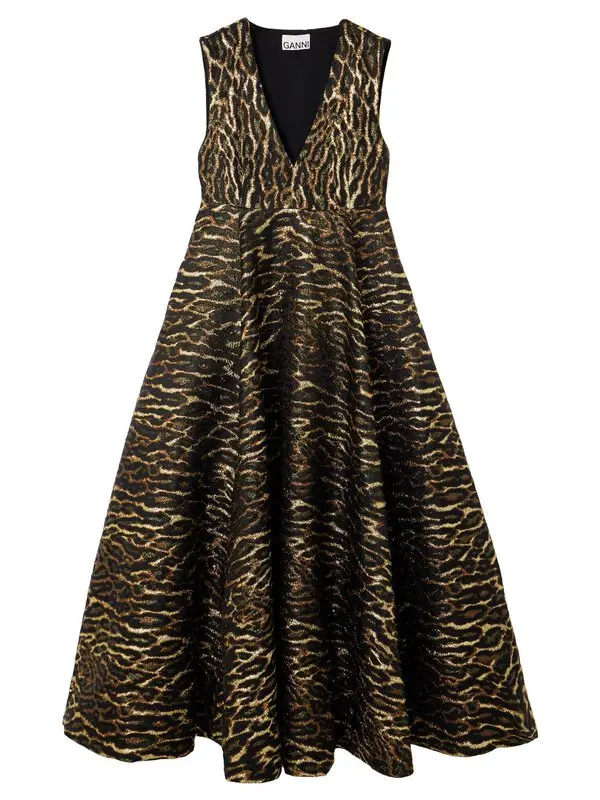 GANNI Metallic Leopard-print Recycled-cloqué Midi Dress - Animal Print