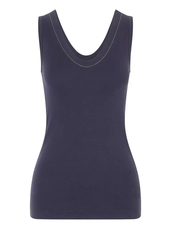 Brunello Cucinelli Bead-embellished Ribbed Jersey Tank - Blue