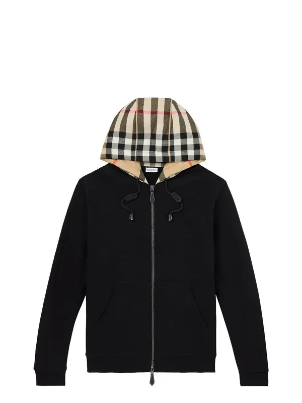 Burberry Checked Cotton-jersey Zip-up Hoodie - Black