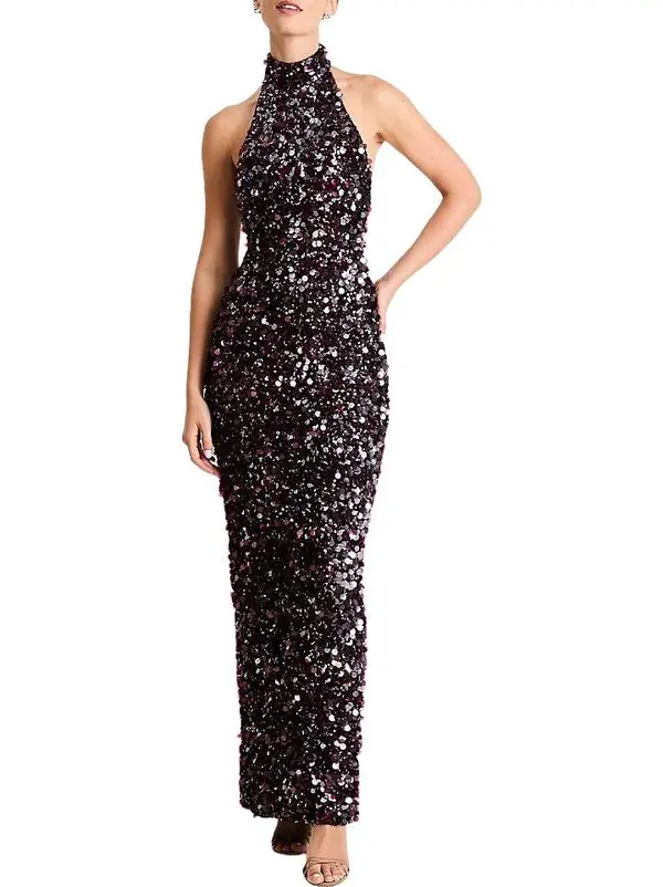 HELSI Louisa Sequin Halter Gown - Merlot