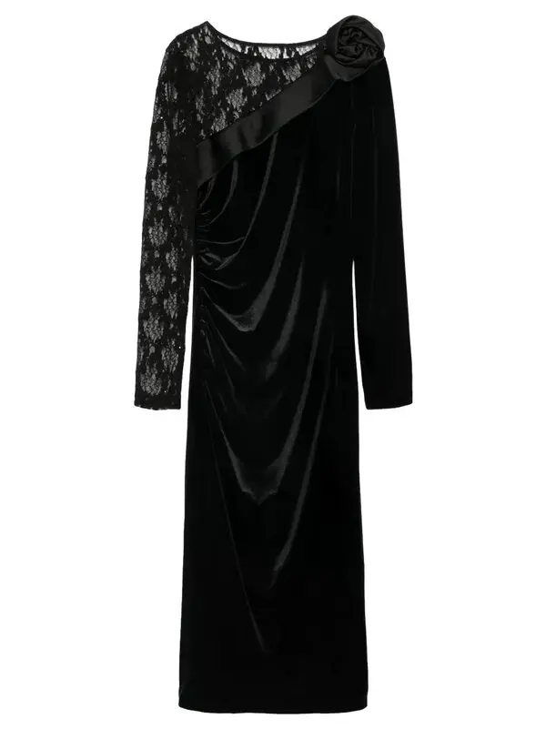 NISSA Lace-insert Velvet Midi Dress - Black