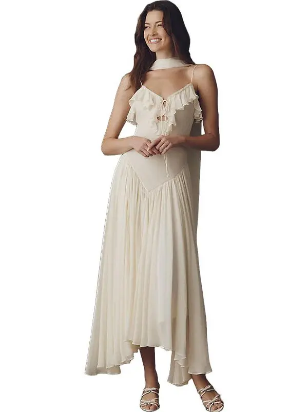 DE LA VALI Harmattan Basque-waist Scarf Maxi Dress - Ivory