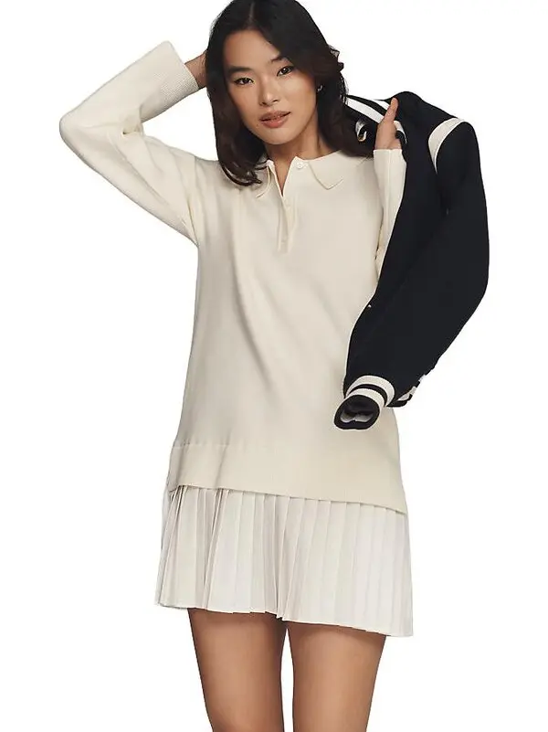 English Factory Collared Long-sleeve Twofer Mini Dress - Cream