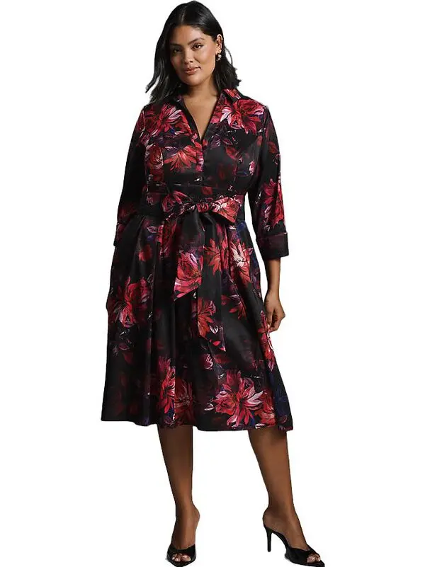Adrianna Papell Long-sleeve Midi Shirt Dress - Black Pattern