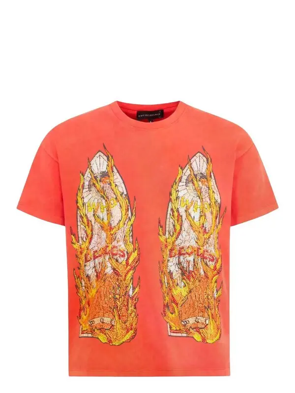 WHO DECIDES WAR BY EV BRAVADO Rhinestone Flame Glass T-shirt - Orange