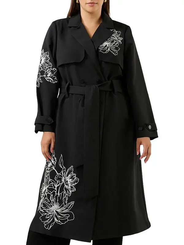 ESTELLE Embroidered Trench Coat - Black/ Cream