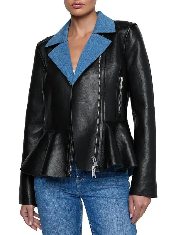 L'Agence Lyric Leather Biker Jacket - Black/denim Blue