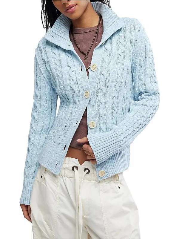 Free People Cable Collar Cardigan - Pastel Blue