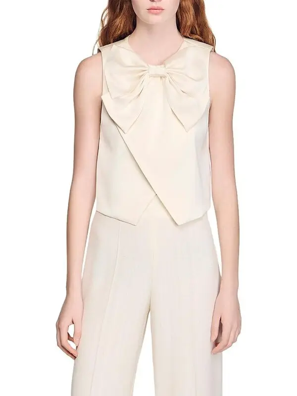 Sandro Satin Bow Crop Top - Ecru
