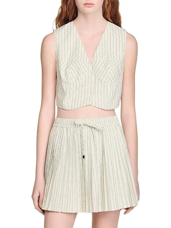 Sandro Striped Rhinestone Crop Top - Ecru
