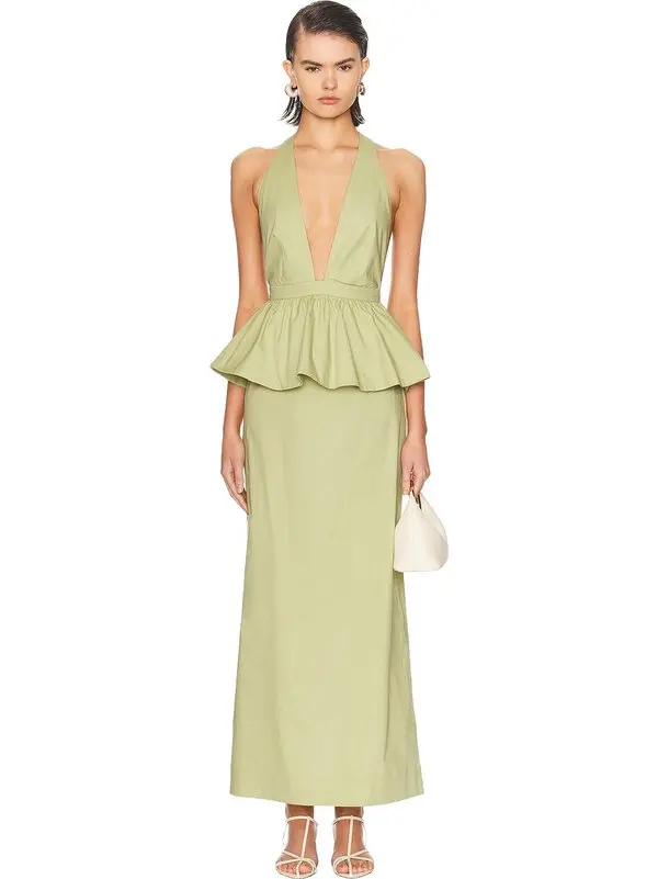 ADRIANA DEGREAS Solid Deep V Peplum Maxi Dress - Green