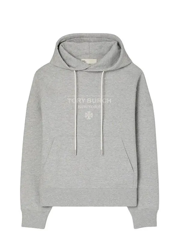 Tory Burch Cotton French Terry Relaxed Fit Hoodie - Medium Heather Gray