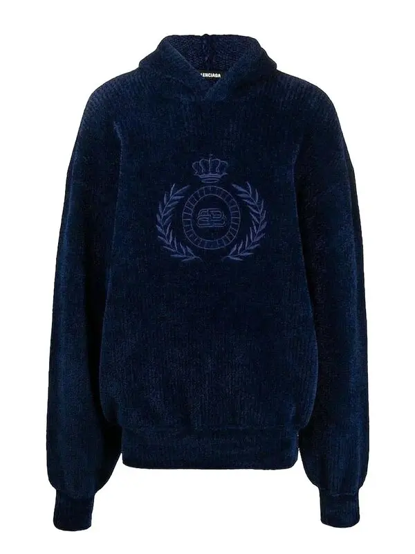 Balenciaga Embroidered Bb Logo Fleece Hoodie - Navy Blue