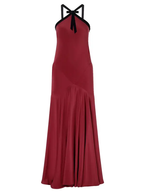 RODARTE Bow-detailed Velvet-trimmed Silk-crepe Gown - Burgundy