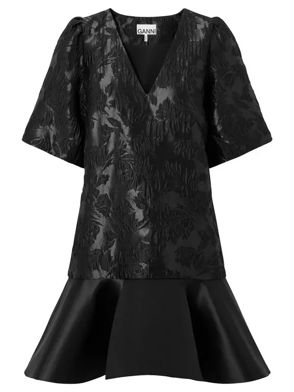 GANNI Cloqué And Satin Mini Dress - Black