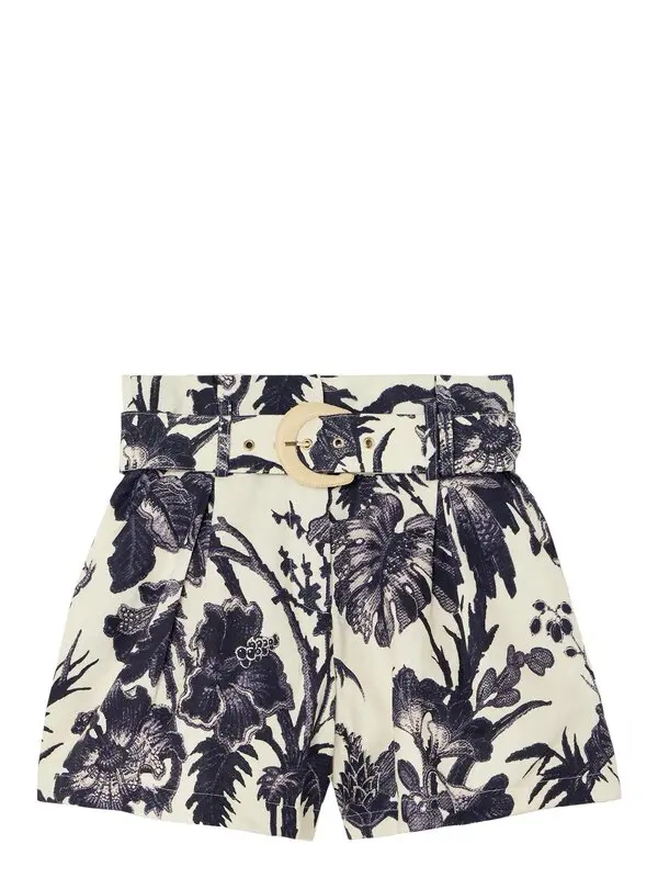 Cara Cara Palmer Belted Floral-print Linen Shorts - Blue