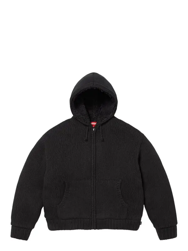 Supreme Faux Shearling Lined Zip Up Hooded Sweater - Black