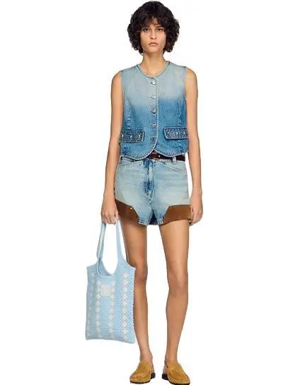 Sandro Cropped Studded Denim Vest - Blue
