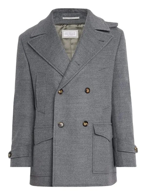 Brunello Cucinelli Wool Double-breasted Peacoat With Maxi Lapels - Light Grey
