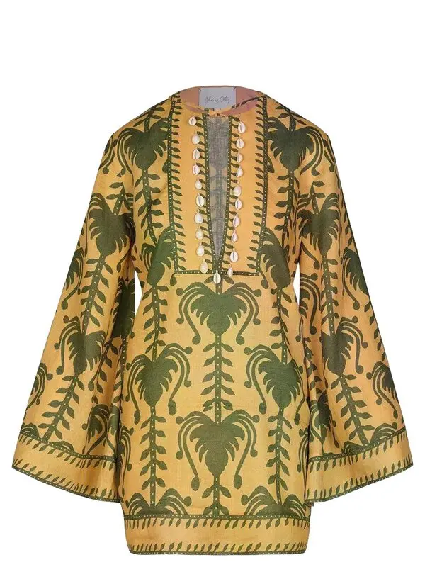 Johanna Ortiz Printed Tunic Dress With Shell Embellishments - Yellow