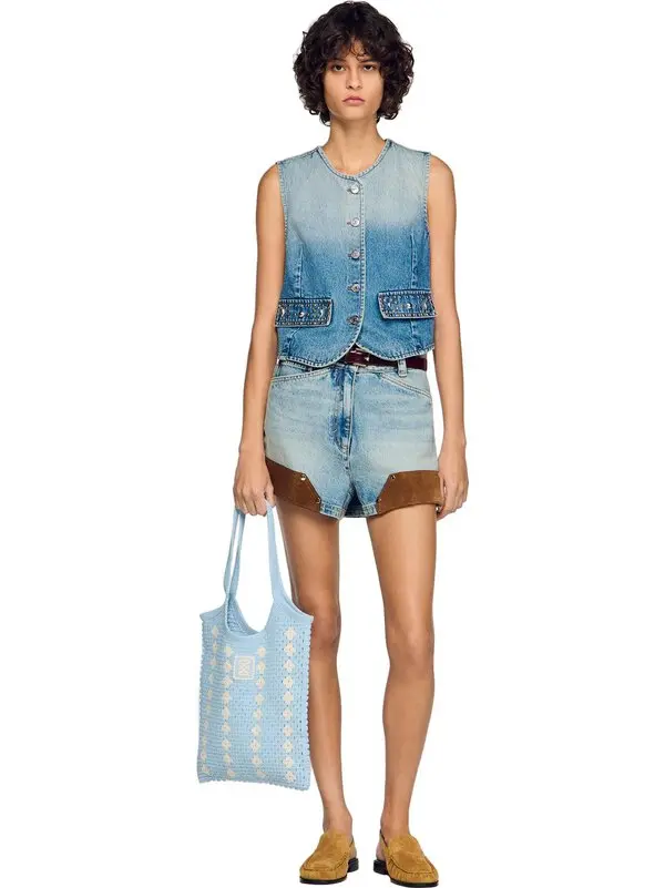 Sandro Cropped Studded Denim Vest - Blue Jean