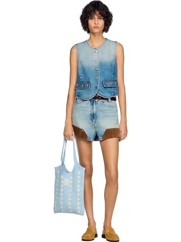 Sandro Cropped Studded Denim Vest - Blue Jean