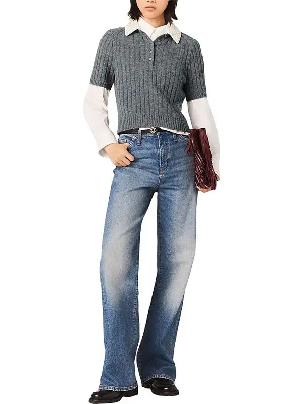 Maje Beaded Collar Ribbed Sweater - Grey