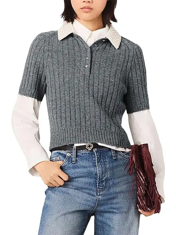 Maje Beaded Collar Ribbed Sweater - Grey
