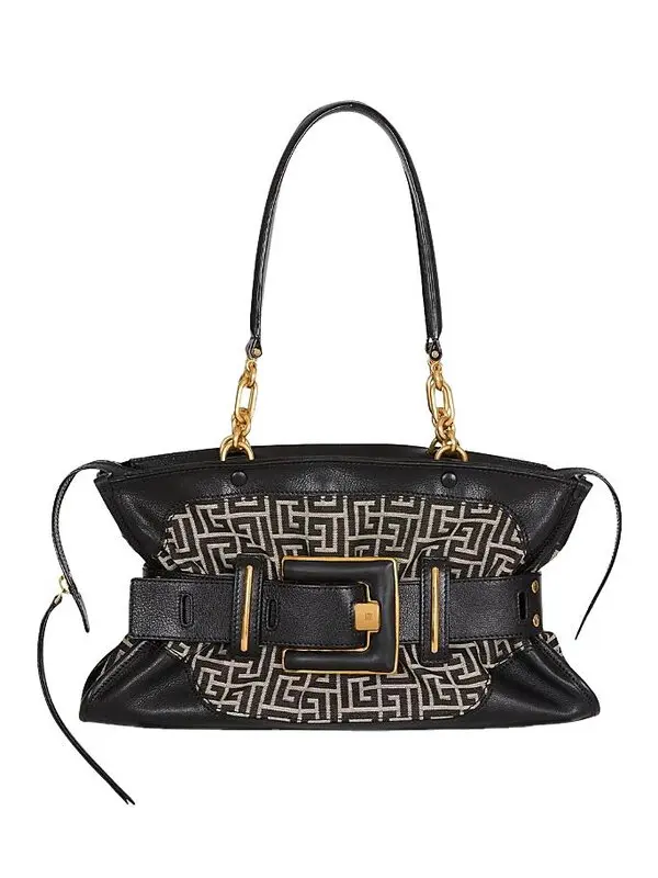 Balmain Leather And Monogram Jacquard Anthem Bag - Black