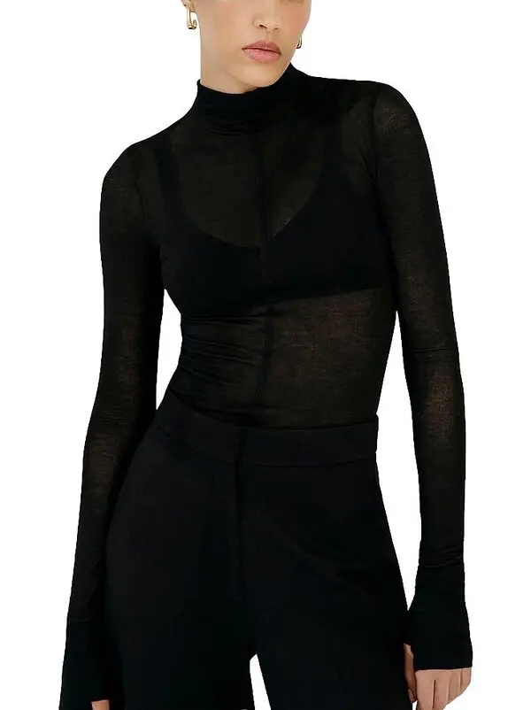 MARCELLA Alicia Sheer Turtleneck Top - Black