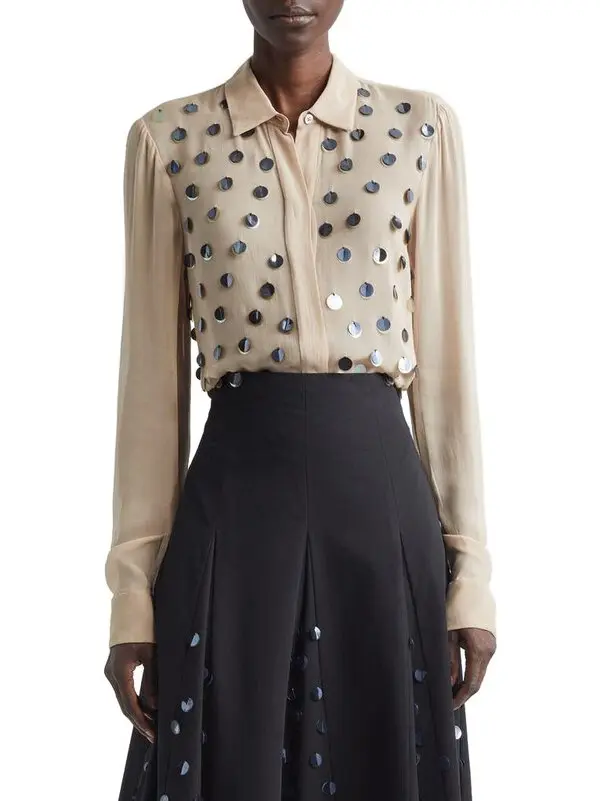 Lela Rose Paillette Embroidered Georgette Button-up Shirt - Taupe