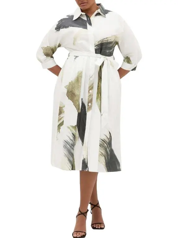 City Chic Belted Brushstroke Print Shirtdress - Muse Ivory