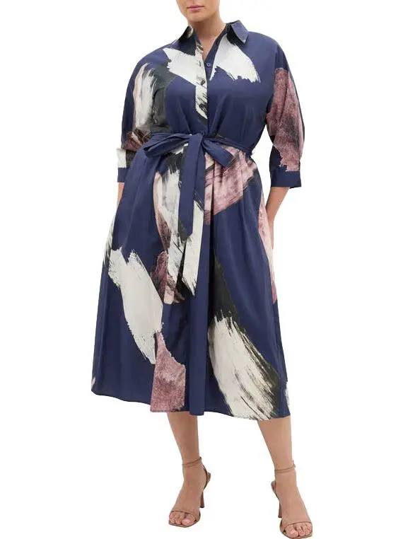 City Chic Belted Brushstroke Cotton Shirtdress - Navy Modern Muse