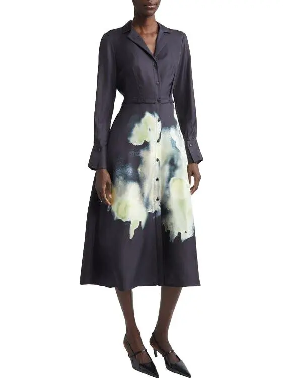 JASON WU Watercolor Floral Print Silk Shirtdress - Black/light Jade