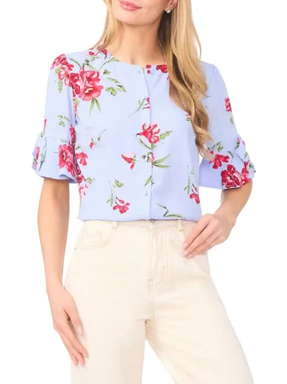 CECE DUPRAZ Floral Bow-sleeve Button-up Top - Windsurfer