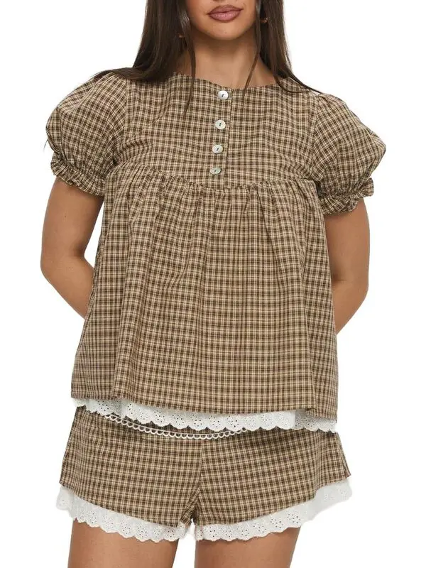 Princess Polly Chandelier Check Babydoll Top - Brown Check