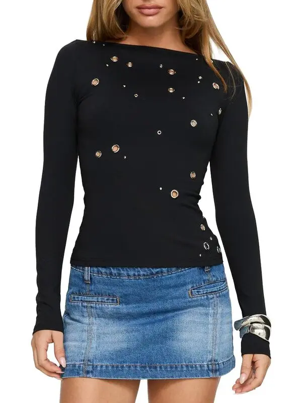 Princess Polly Eyelet Long Sleeve Top - Black