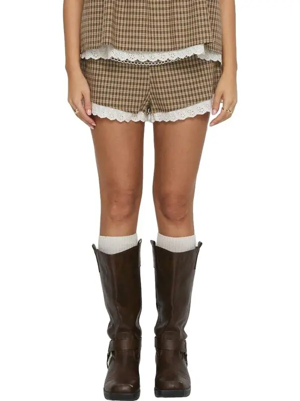 Princess Polly Chandelier Check Print Shorts - Brown Check